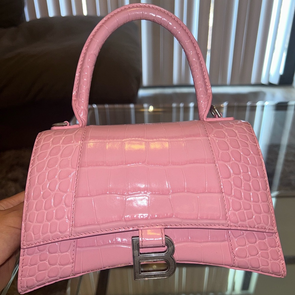 Balenciaga Hourglass Bag In Crocodile Embossed In Pink - Gem